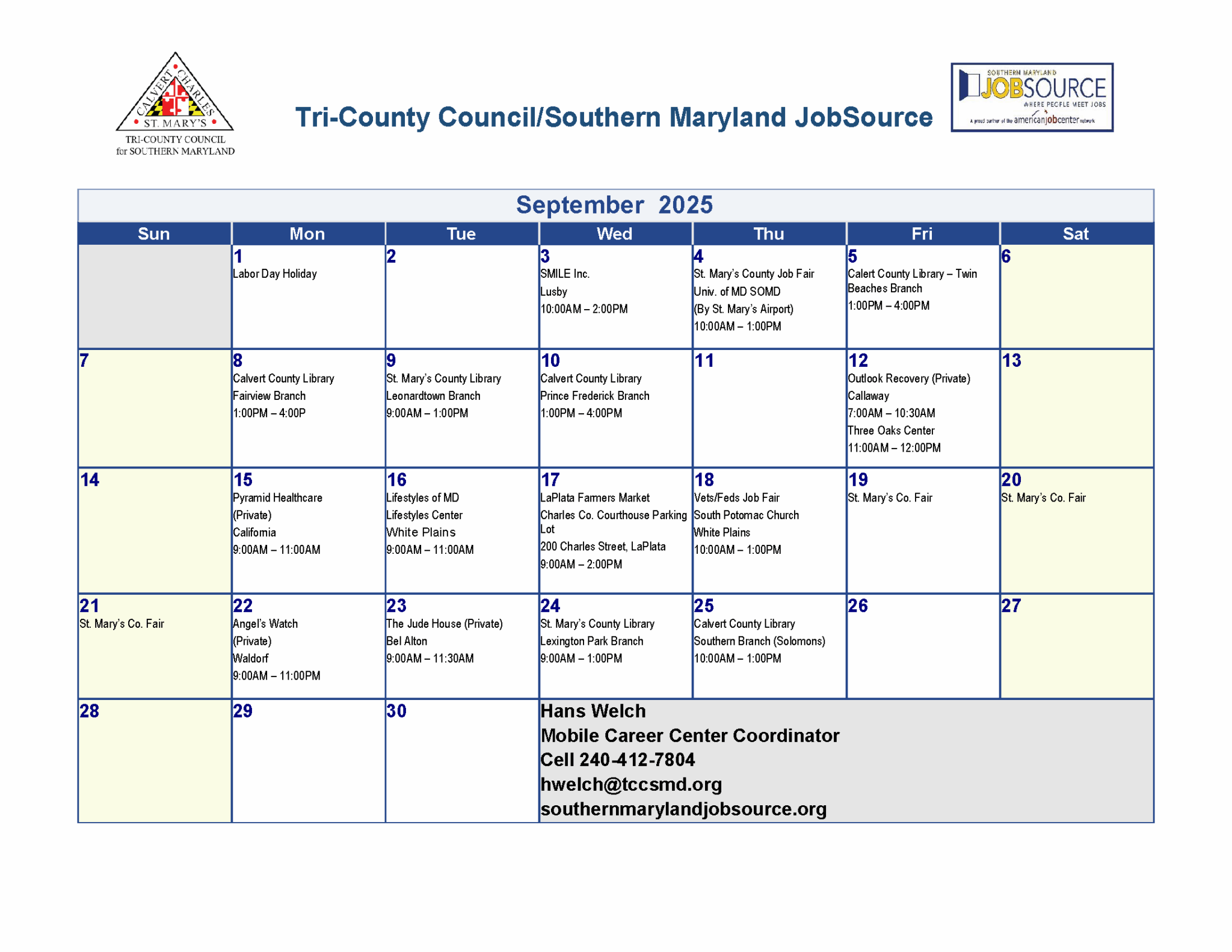 Mobile Career Center Calendar | Southern Maryland JobSource